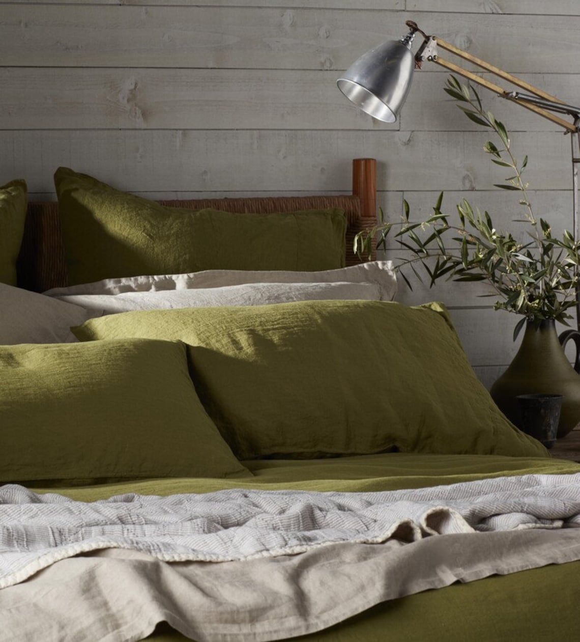 Moss Green Linen Bedding Set Queen Boho Duvet Cover in Mustard - Etsy