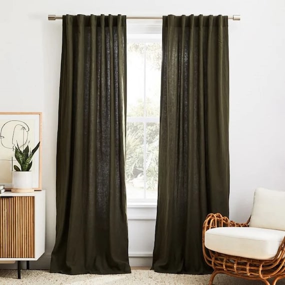 Olive Green Linen Curtain Linen Window Drapery Linen Curtain Etsy