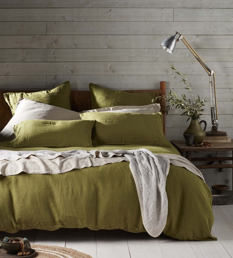 Moss Green Linen Bedding Set Queen Boho Duvet Cover in Mustard - Etsy