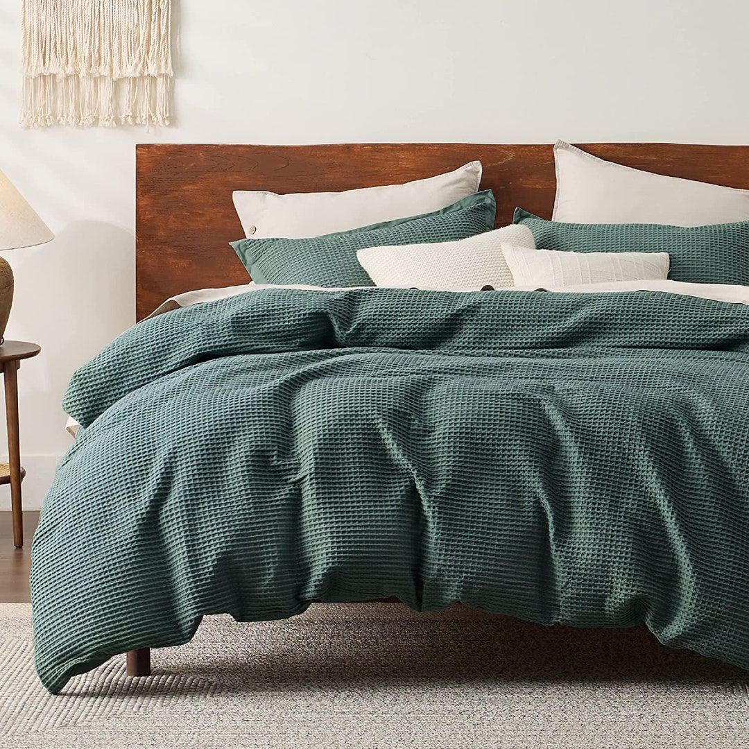 100% Cotton Waffle Weave Forest Green Duvet Cover Queen Size, Soft and ...