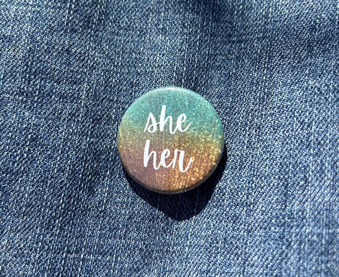 1.25 in and 2.25 in Pronoun Buttons on Teal and Gold Glitter Background ...