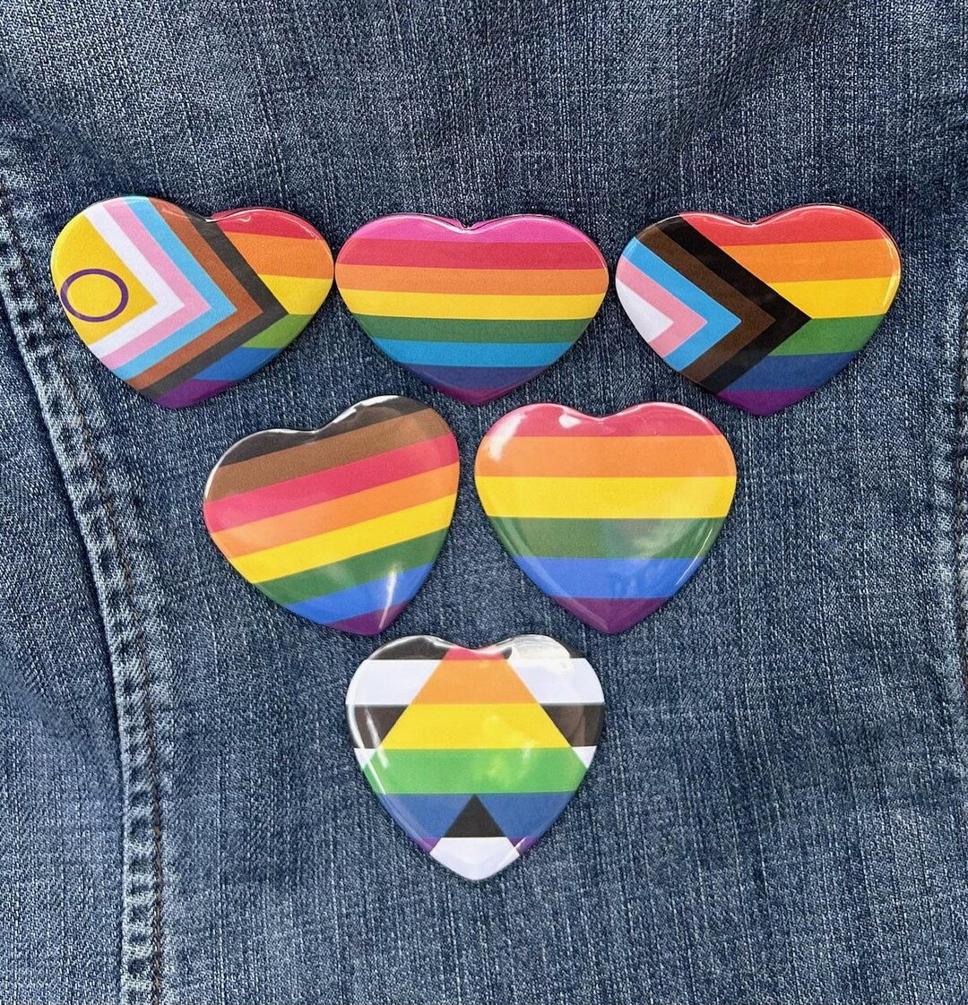 Heart Shaped Rainbow Pride Flag Buttons - Progress, Progress + Intersex ...