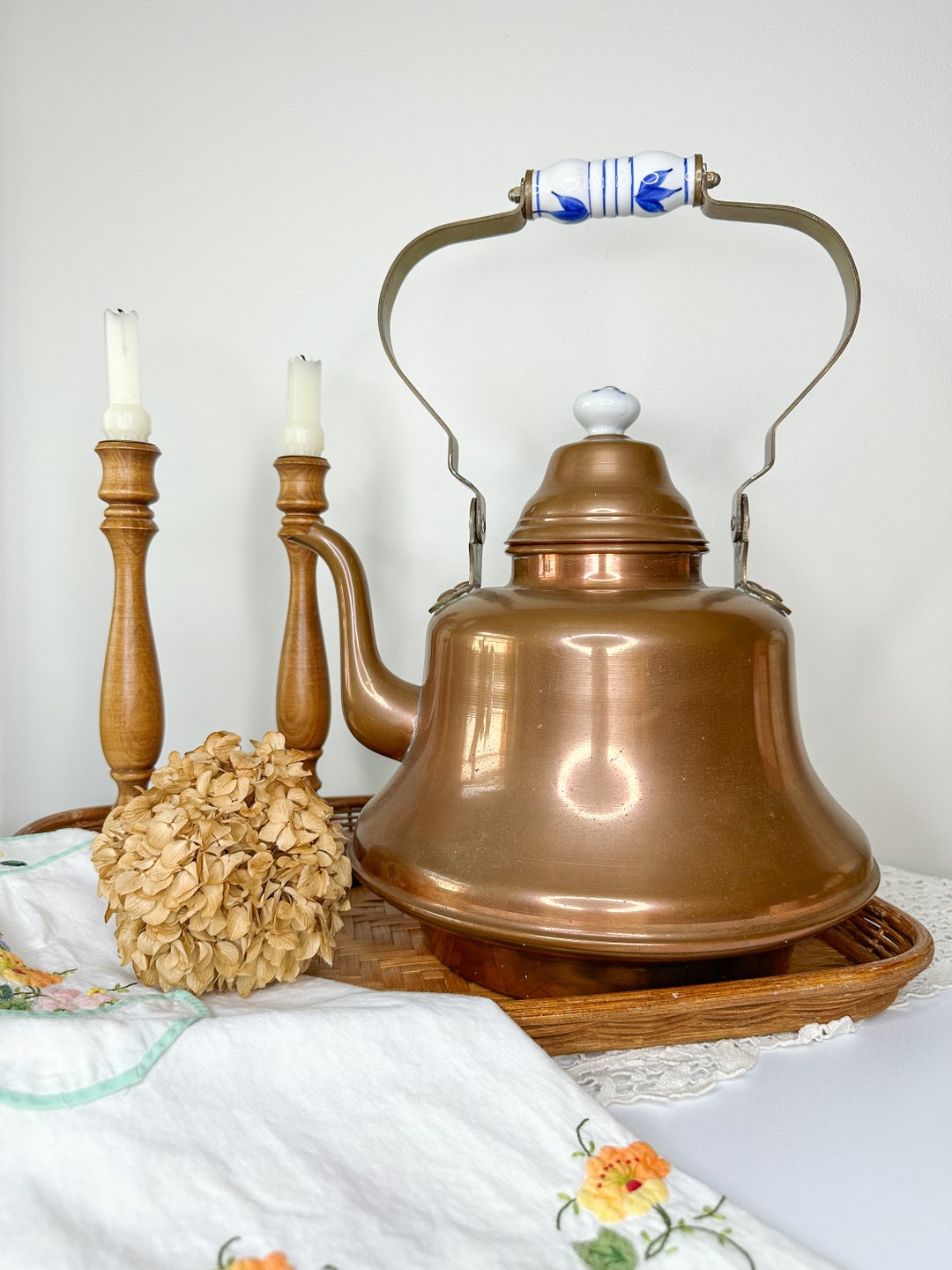 Vintage XL Copper Tea Kettle/porcelain and Copper Tea Kettle/large ...