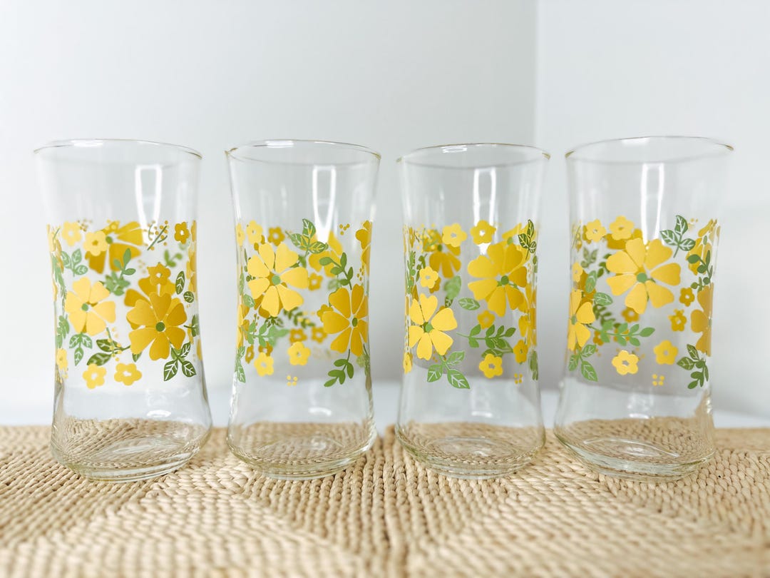Vintage 1970’s Yellow Daisy Tumbler Glass Set of 4/vintage Colored ...
