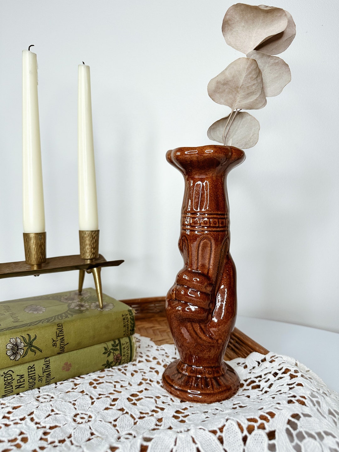 Vintage Ceramic Hand Vase/vintage Ceramic Bud Vase/brown Glaze Floral ...