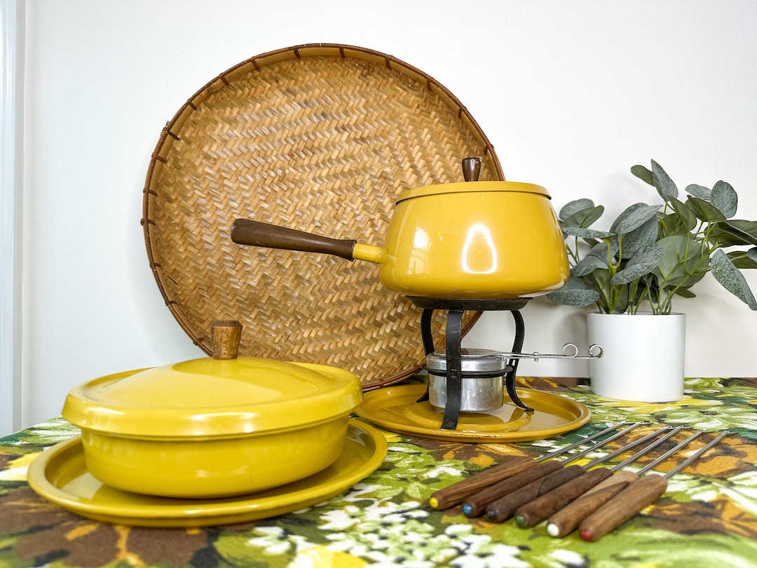 Vintage MCM Mustard Fondue Set/vintage Enamel Fondue Pot/midcentury ...