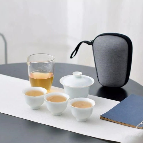 Travel Tea Set Portable Teapot Ceramic Gaiwan With 4 Cups - Etsy