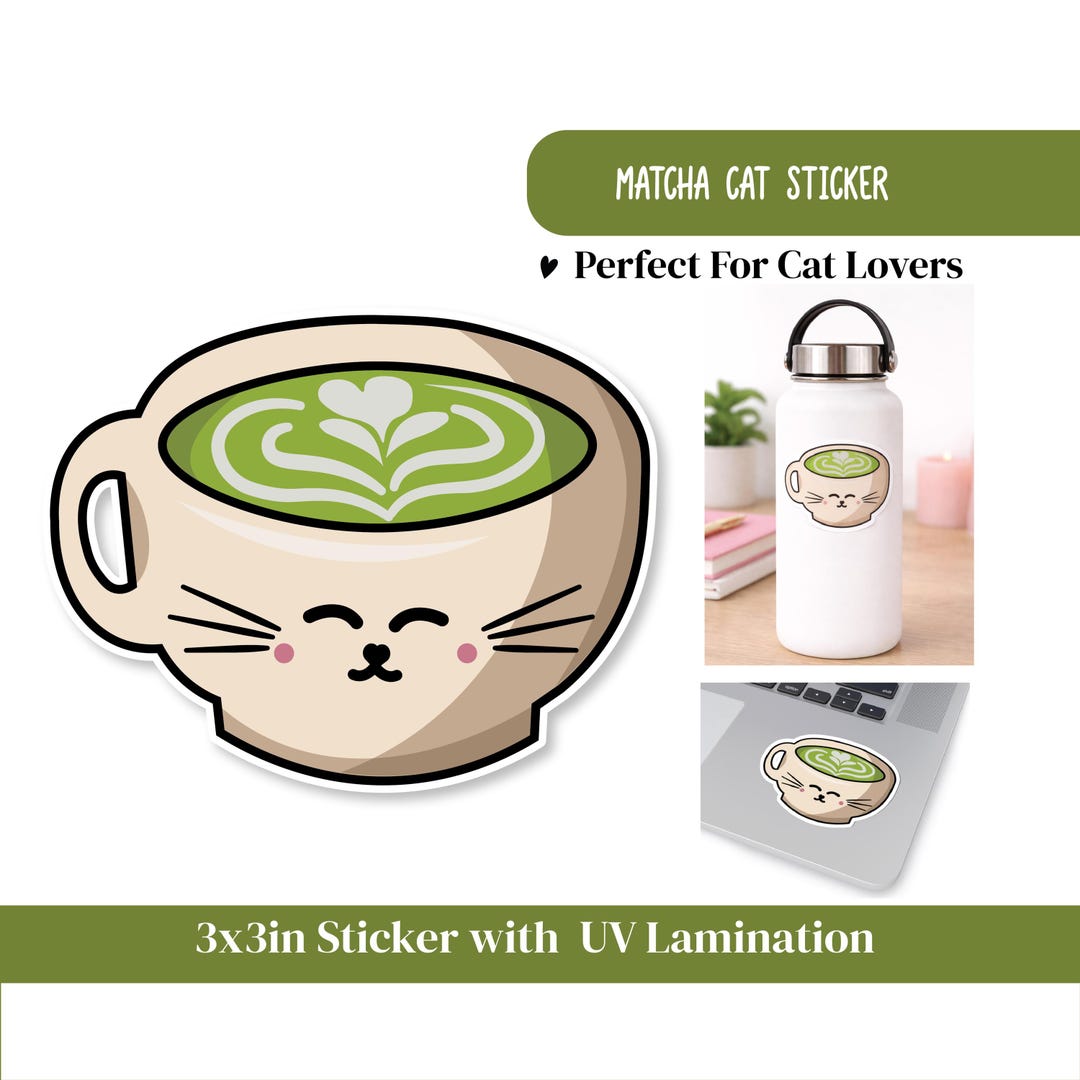 Matcha Cat Sticker for Kindle – Cute Coffee Cat Vinyl Decal – 3x3in ...