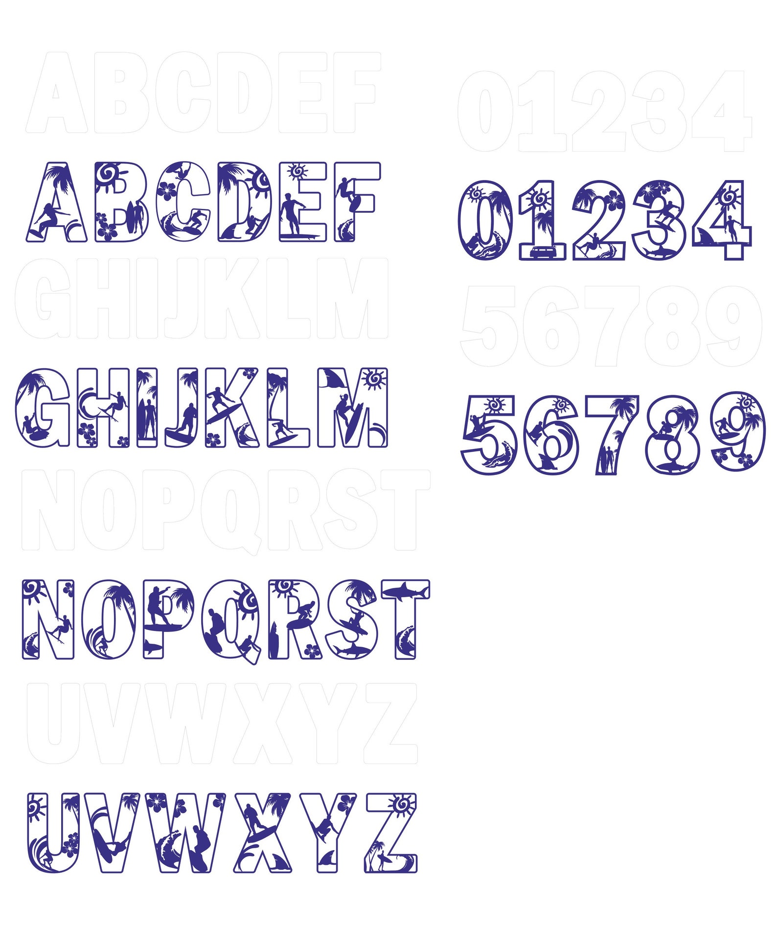 Alphabet Surf A-Z Font Digital Art Svg Glowforge Laser File 0-9 Bundle ...