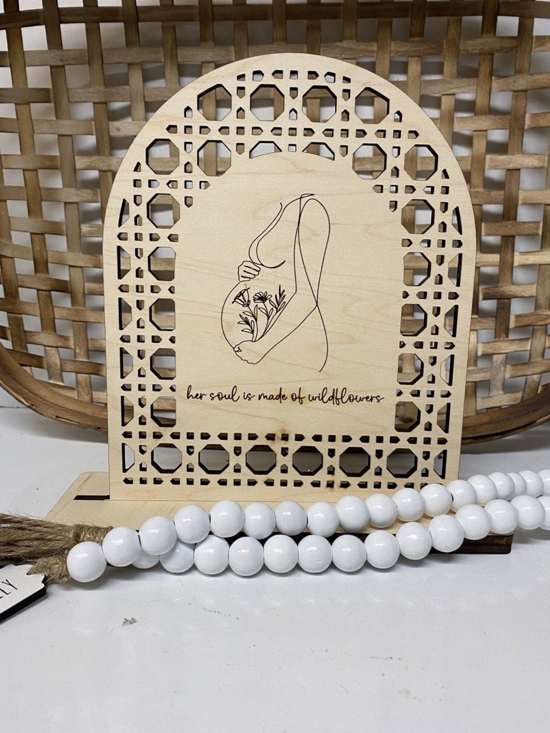 Rattan, Caning Boho Frame Shelf Sitter-line Art Pregnant Mother and ...