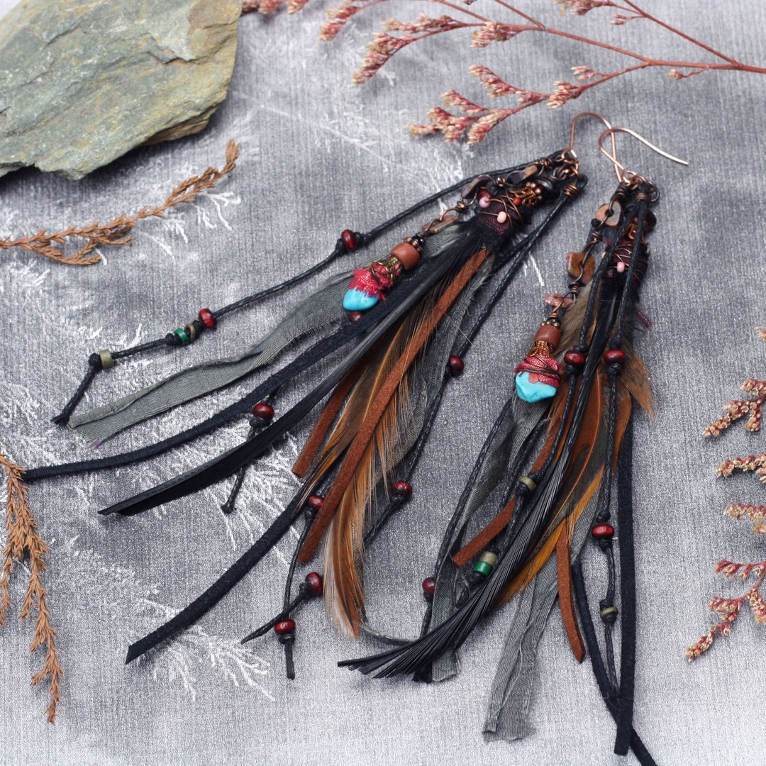 Native Americans Long Feathers Tassel Earrings, Blue Turquoise Earrings ...