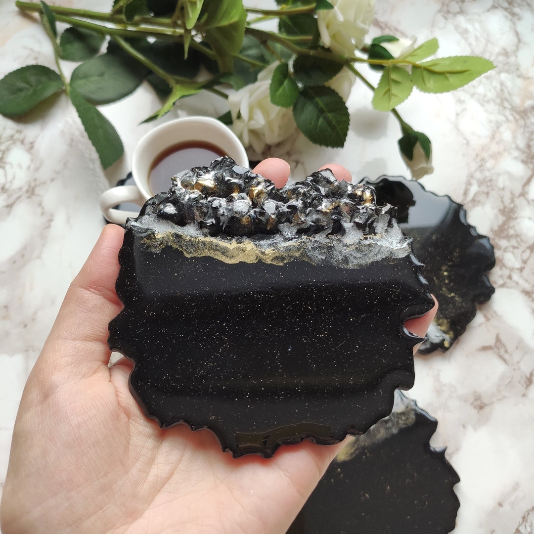 Black Geode Resin Coasters With Glass: Drink Coaster Set Coffee Table ...