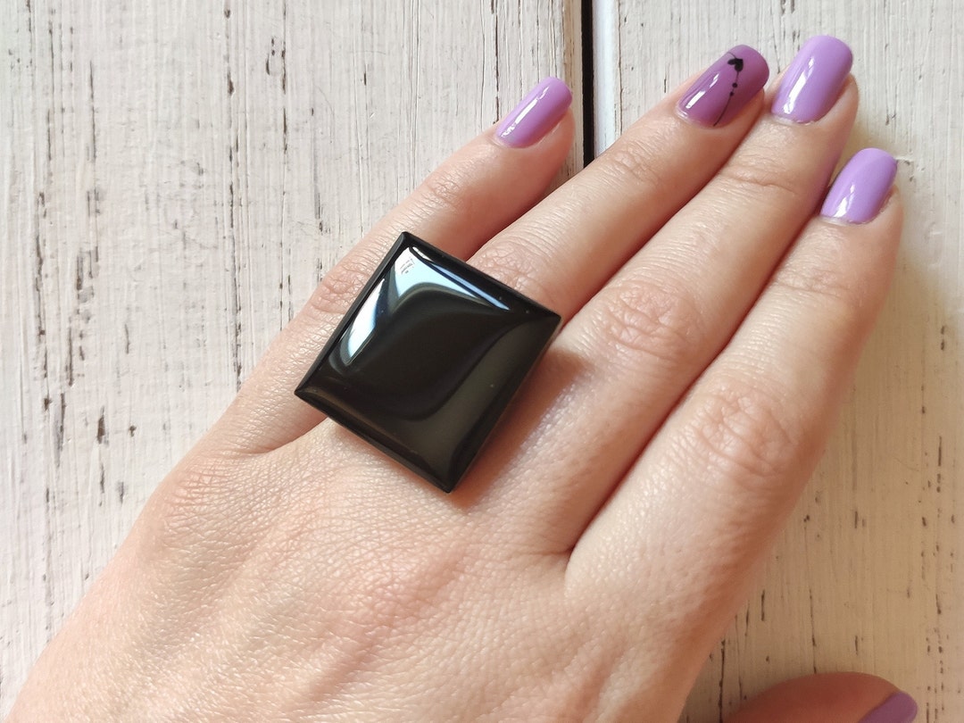 Chunky Black Square Ring: Adjustable Epoxy Resin Brass Ring - Etsy