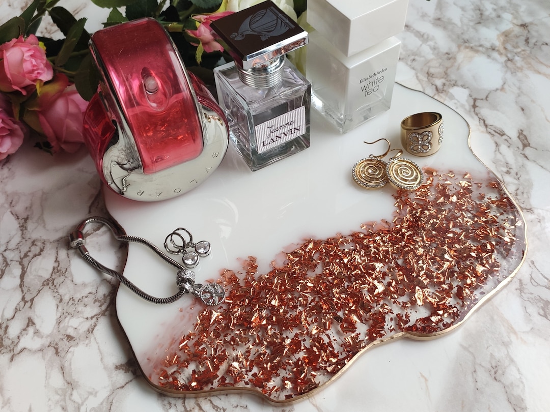 Handmade White and Gold Epoxy Resin Perfume Tray: Vanity Room Decor - Etsy