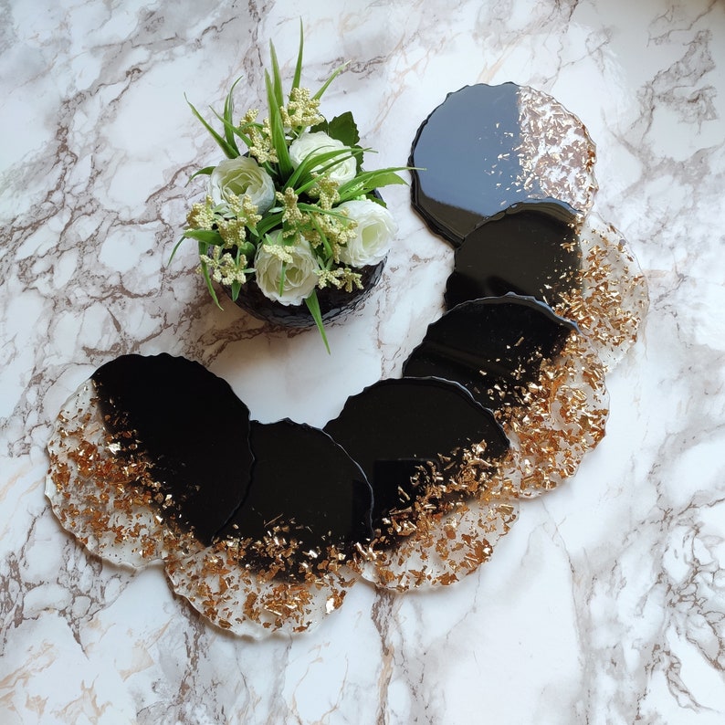 Black and Gold Resin Coasters: Modern Handmade Epoxy Coasters Set - Etsy