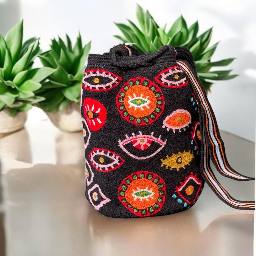 Large Handmade Wayuu Bag, Black Base With Colorful Eyes , Unique Punch ...