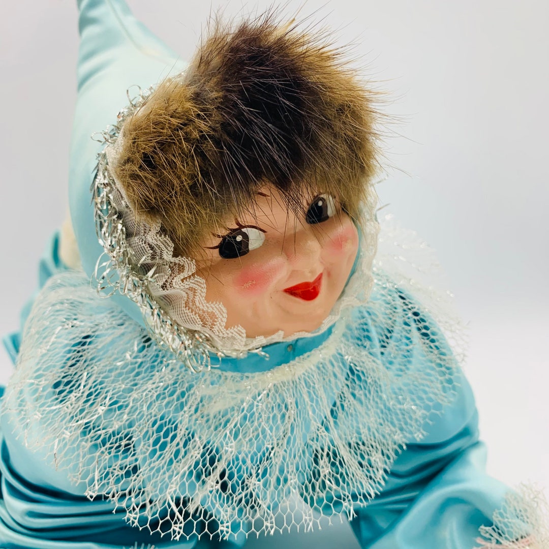 ADORABLY Kitsch Posable Vintage Jester Doll Winter Blue Satin Snowsuit ...