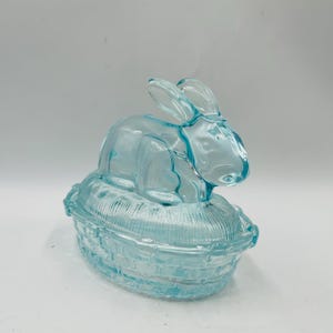 Aqua Blue Glass Bunny on Basket Candy Jar - Etsy