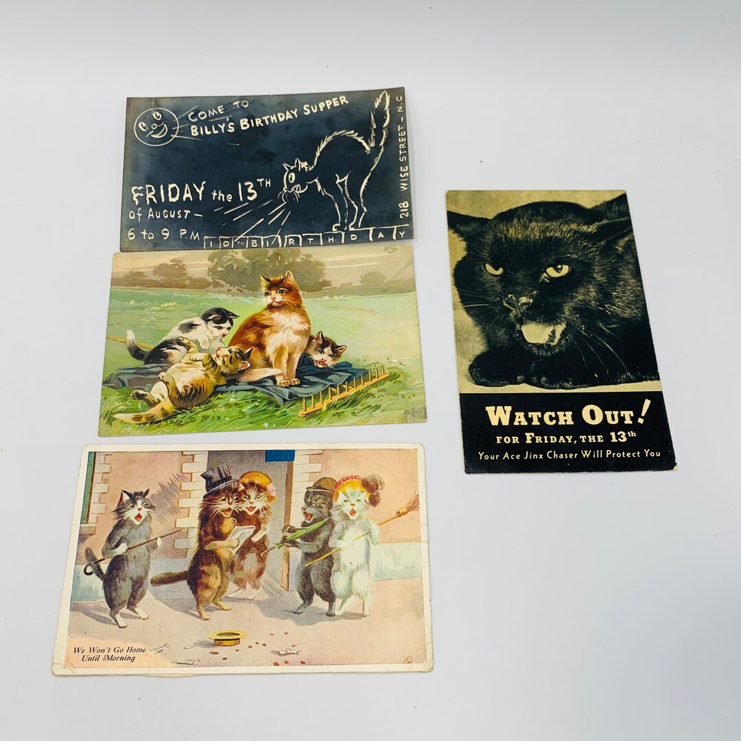 4 Older Vintage Postcards With Cats 2 Friday the 13th Spooky FREE ...