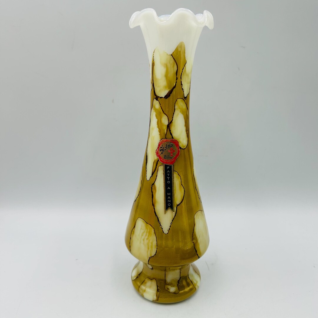 Vintage Stelvia Fatto Mano Italian Glass Vase 9” White Opaline W Brown ...