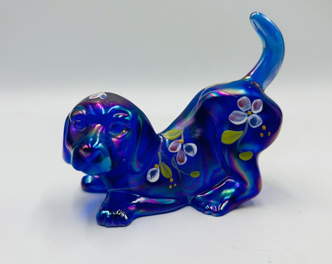 Fenton Iridescent Cobalt Blue Glass Dog Hand Painted Flowers - Etsy