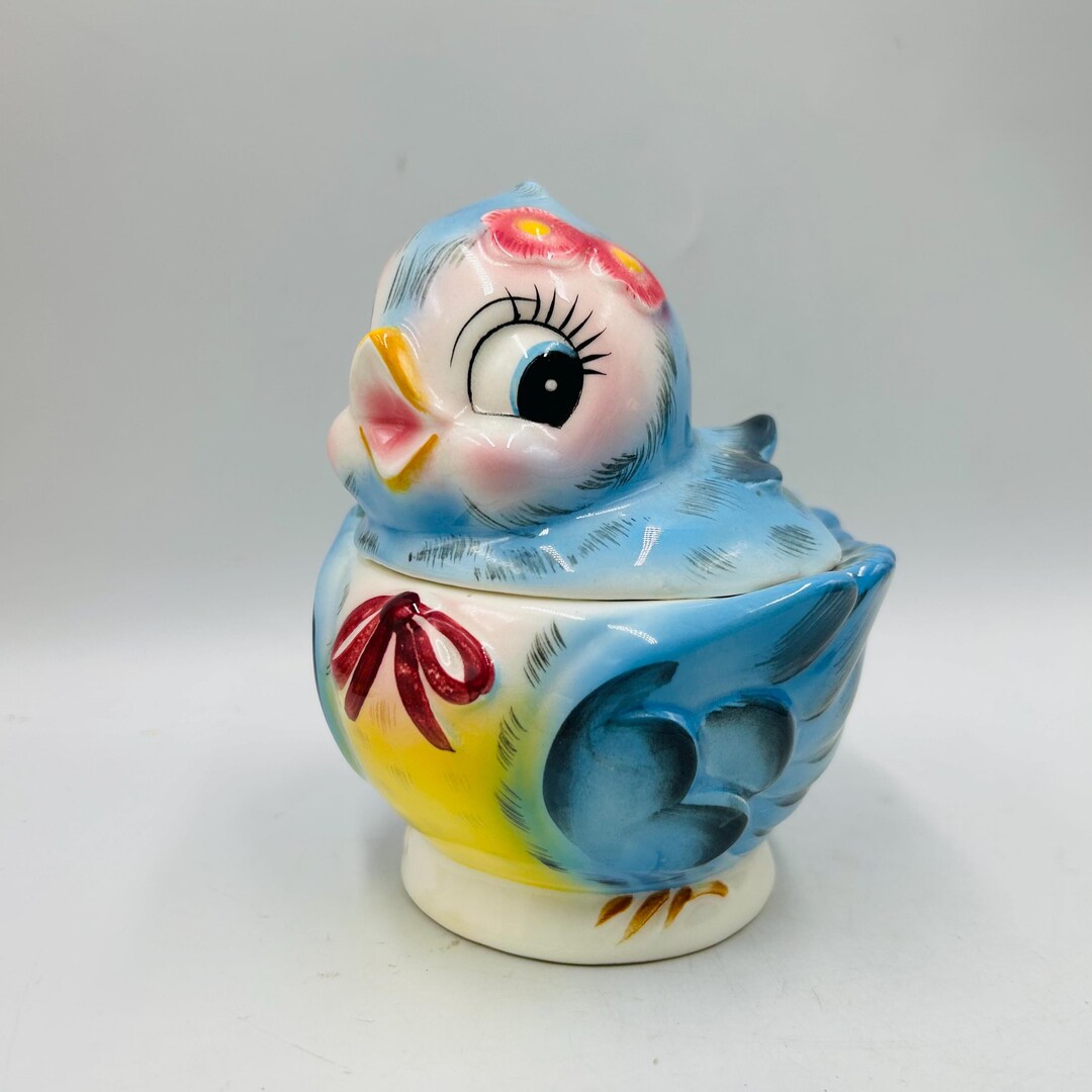 Vintage Lefton Anthropomorphic Blue Bird Jelly Jar Condiment Bowl W/lid ...