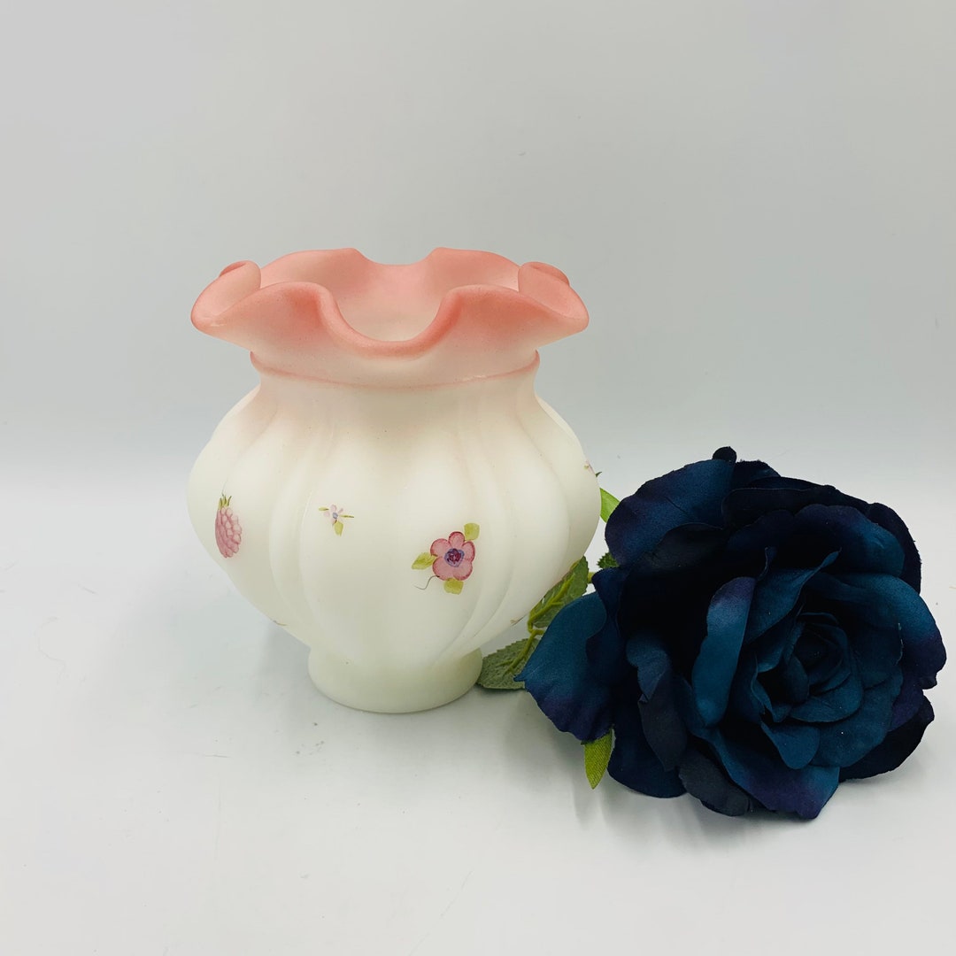 Fenton White Satin Glass Blossoms and Berries With Pink Rim FREE ...