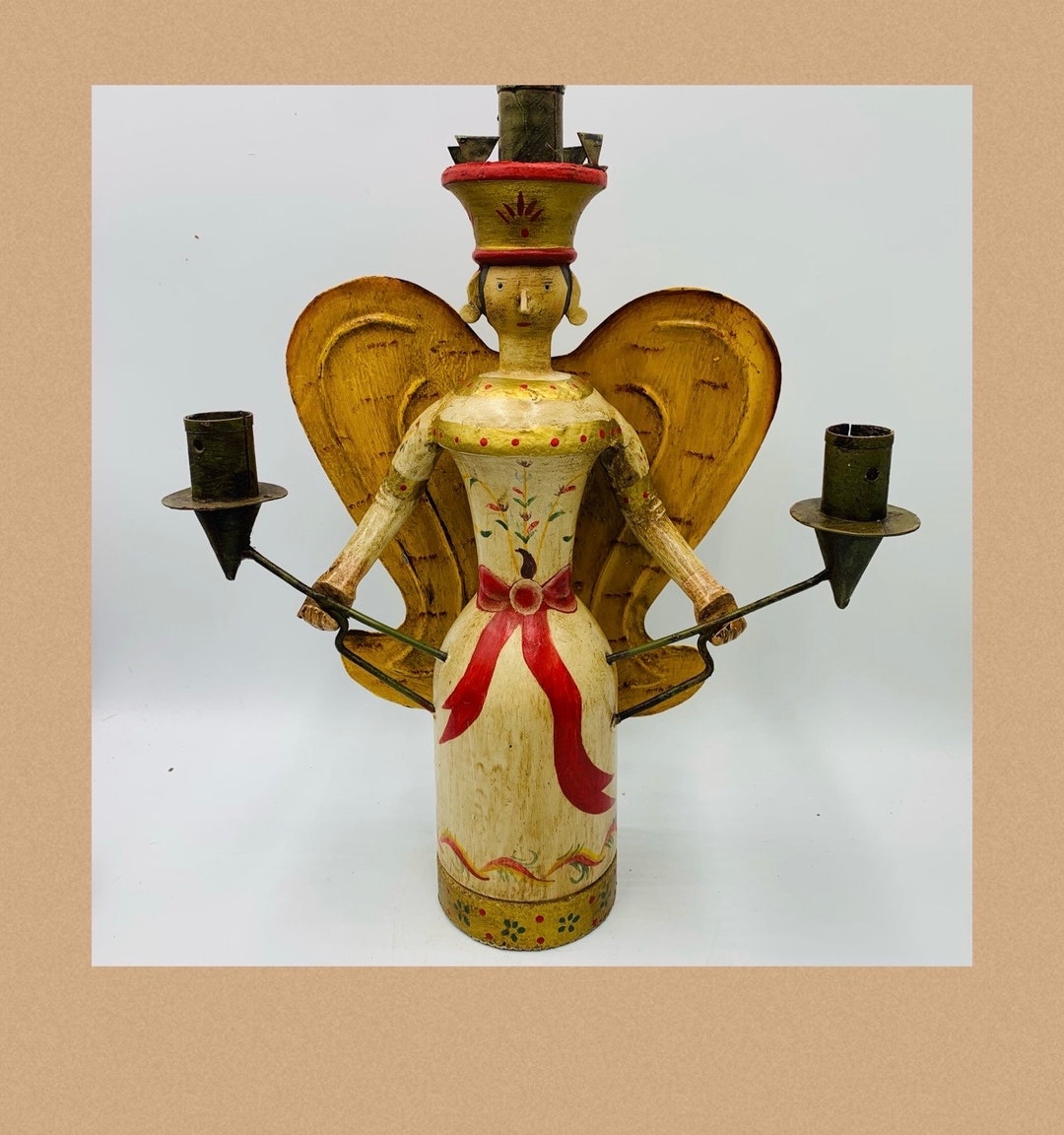 Wood Hand Painted Primitive Folk Art Angel Candle Holder FREE - Etsy