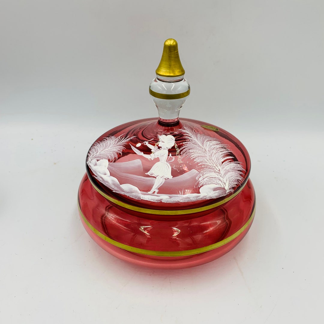 Bohemian Glass Cranberry Candy Dish With Mary Gregory Design FREE ...