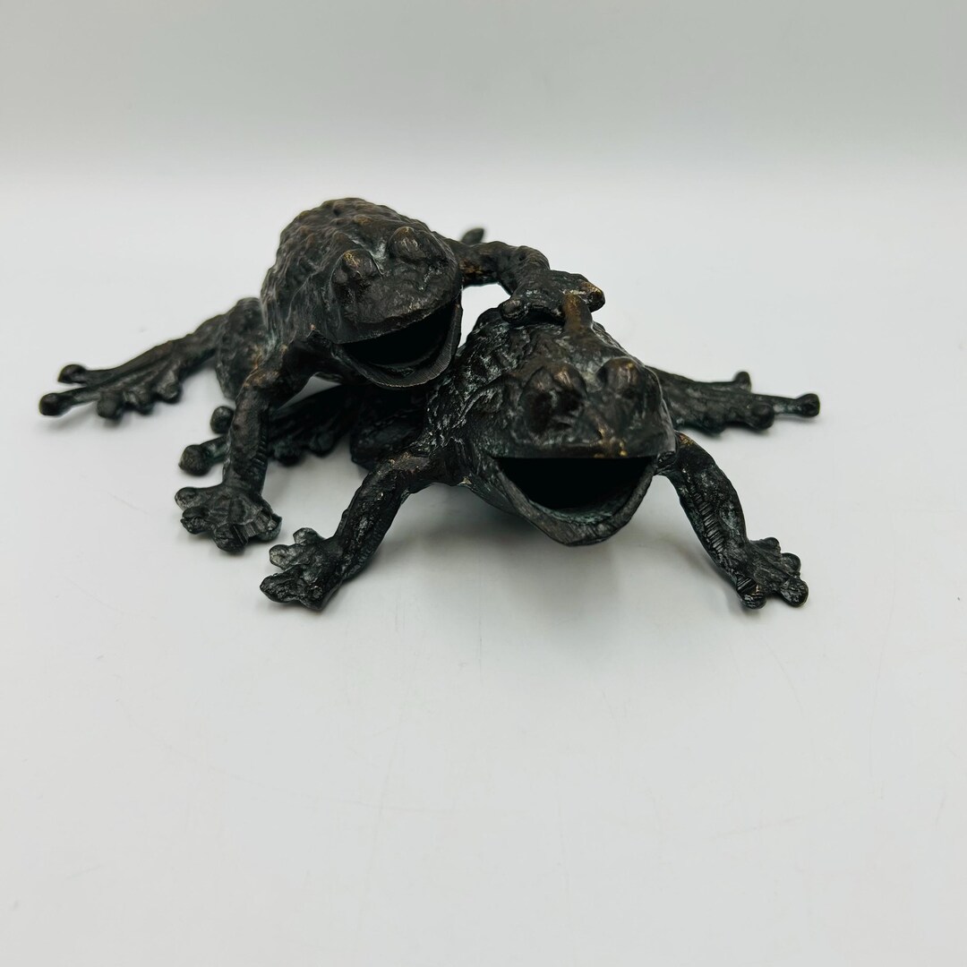 Toad With Toad on Back Heavy Metal Sculpture Verdigris Patina Leap Frog ...