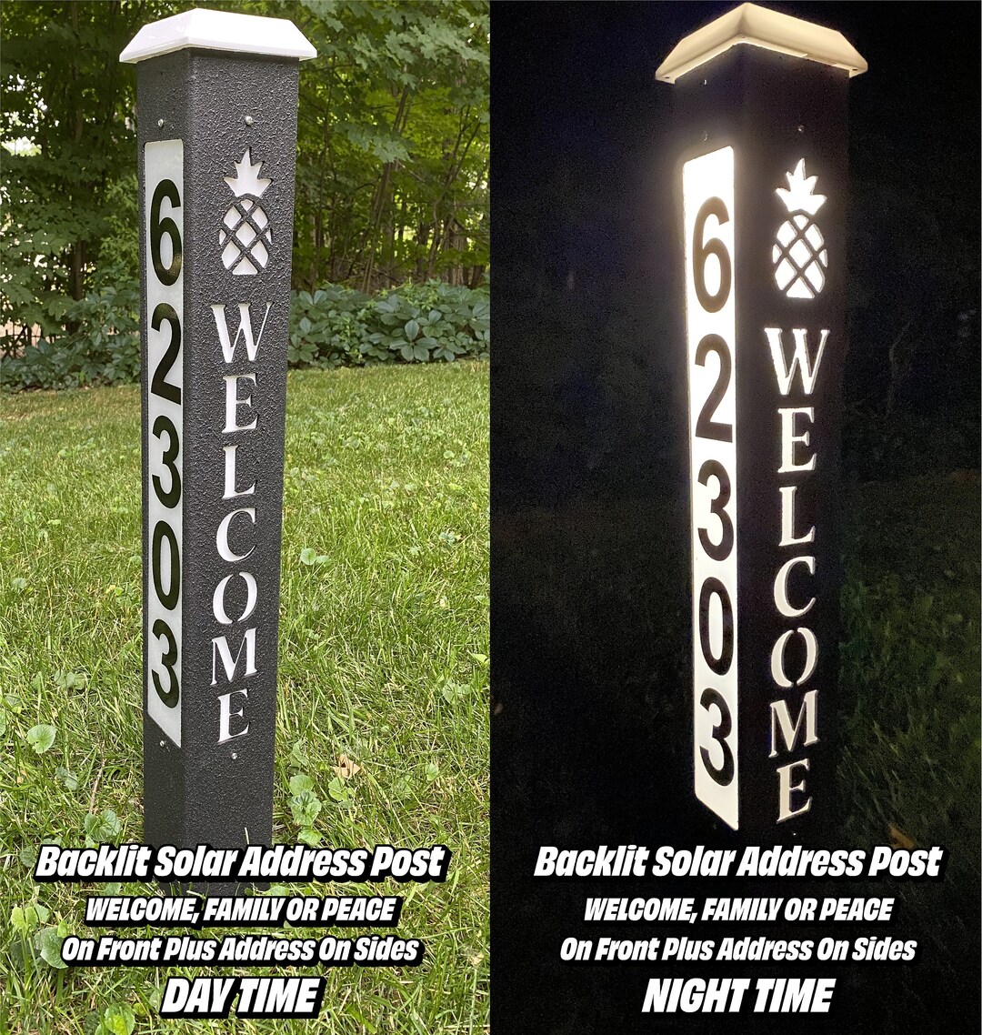 Solar Backlit Address Number Sign Post, With LED Backlit Cutout Welcome ...
