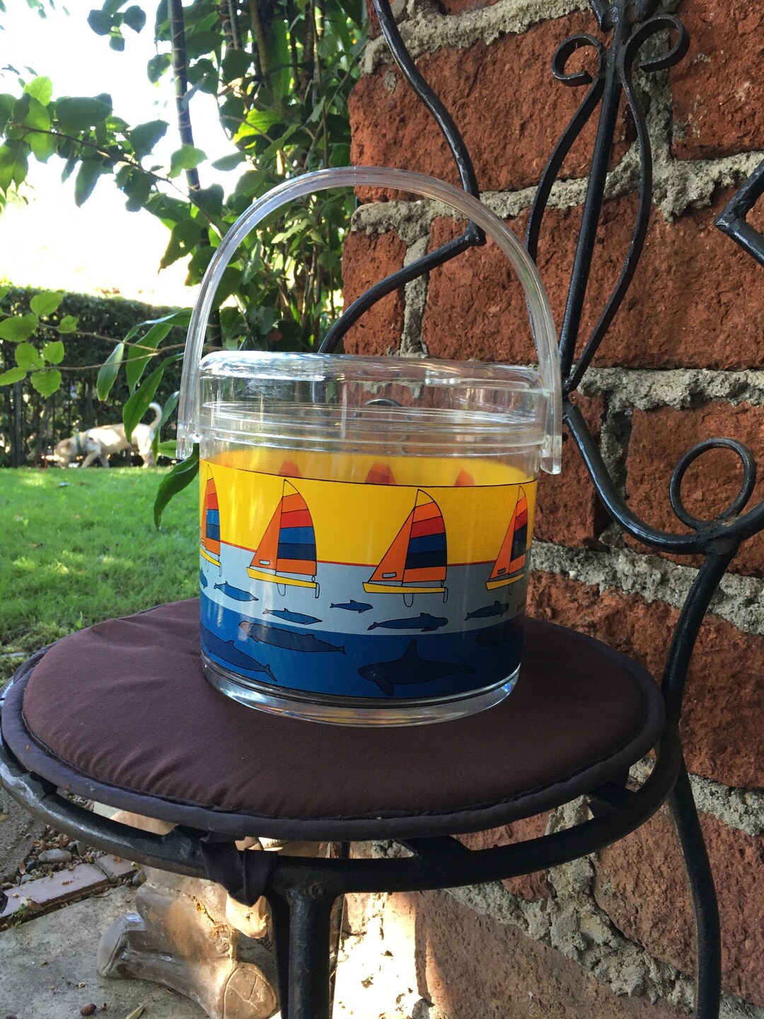 1980's RARE Oneida LTD Lucite Ice Bucket, Sailboats, Whales, Sharks ...