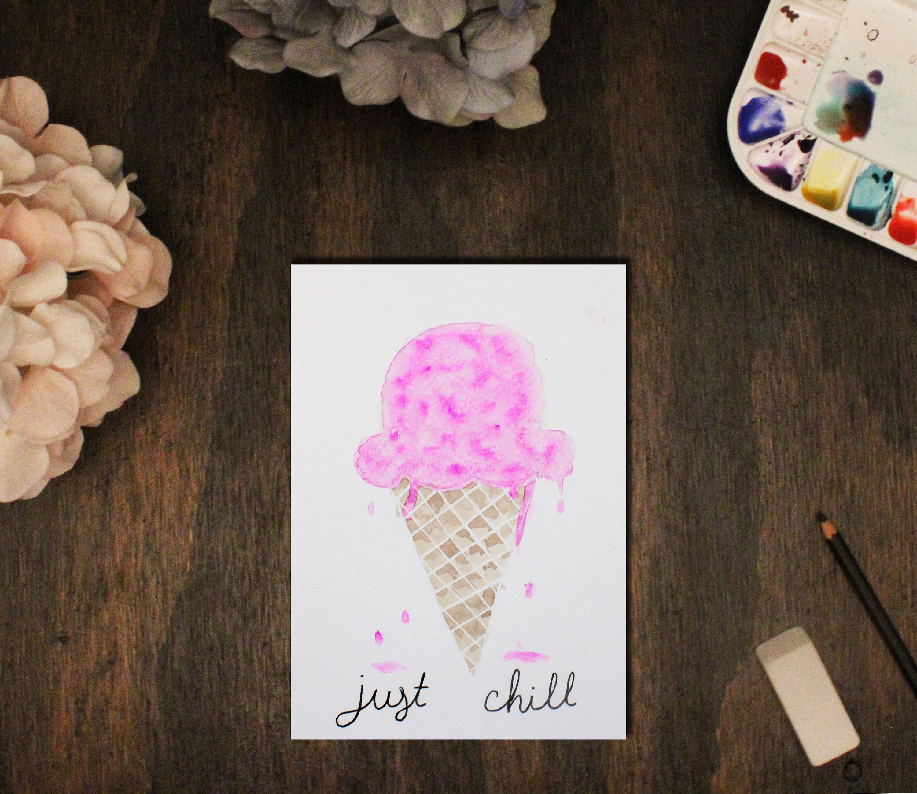 Pink Ice Cream Cone Watercolor Painting Just Chill | Etsy
