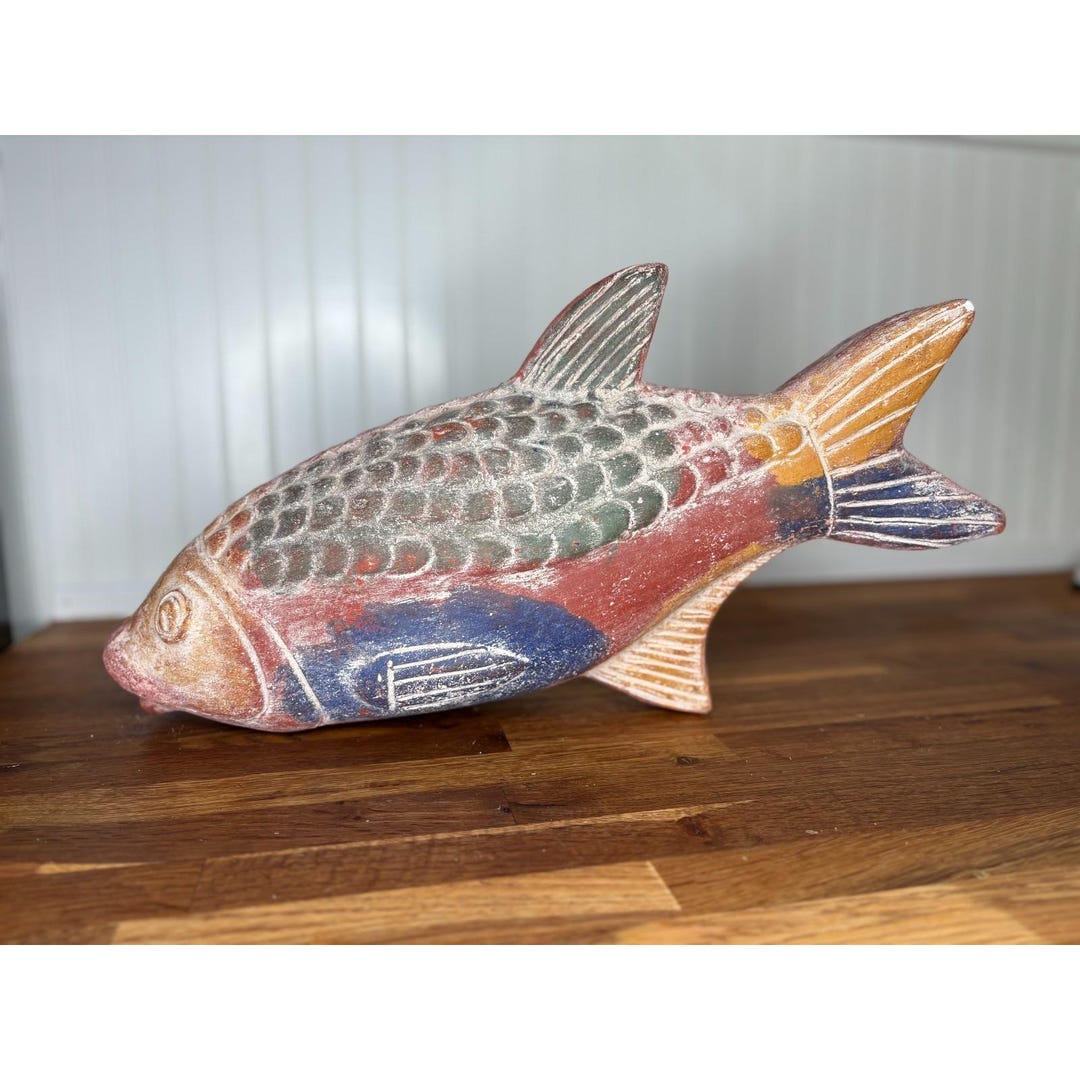 Vintage 19" Pottery Stoneware Koi Fish Garden Outdoor Statue Colorful ...