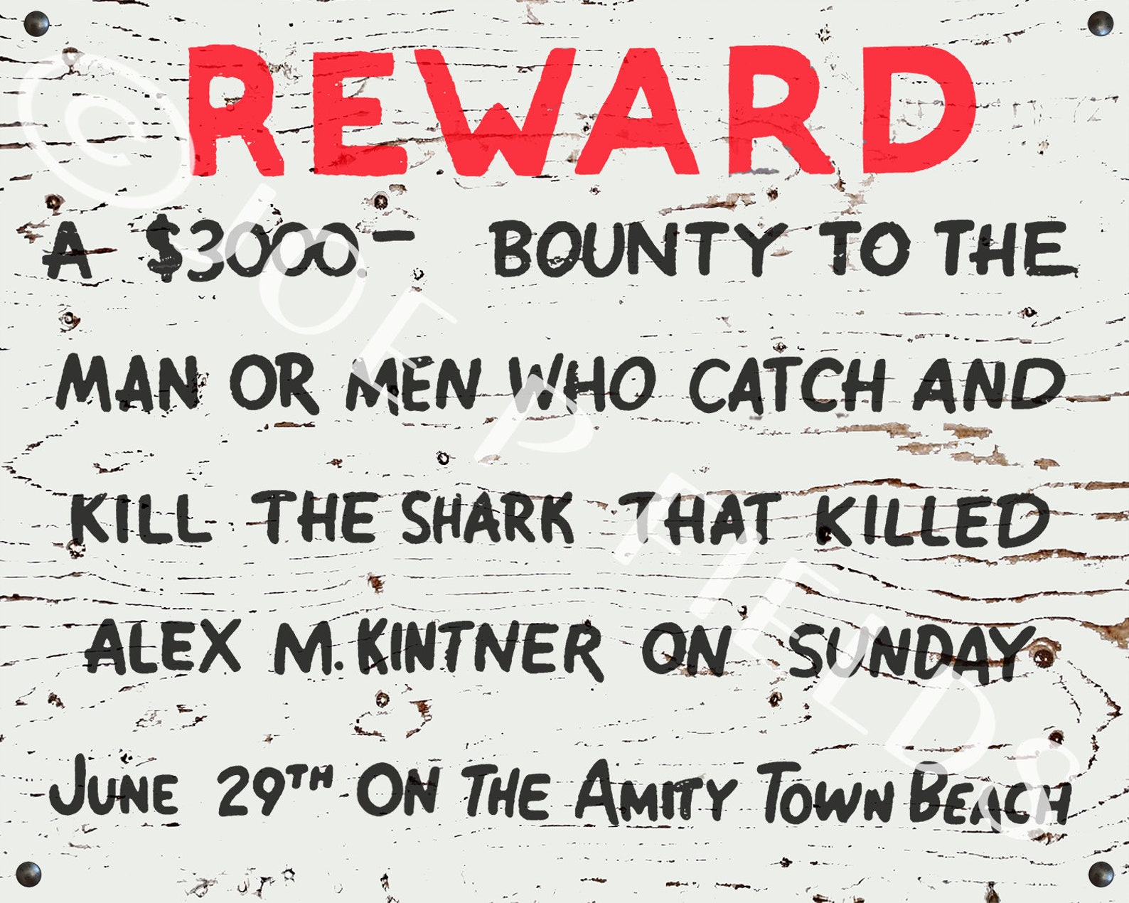 Jaws - "reward Sign" Print Replica. Amity Island - Quint - Alex Kintner ...