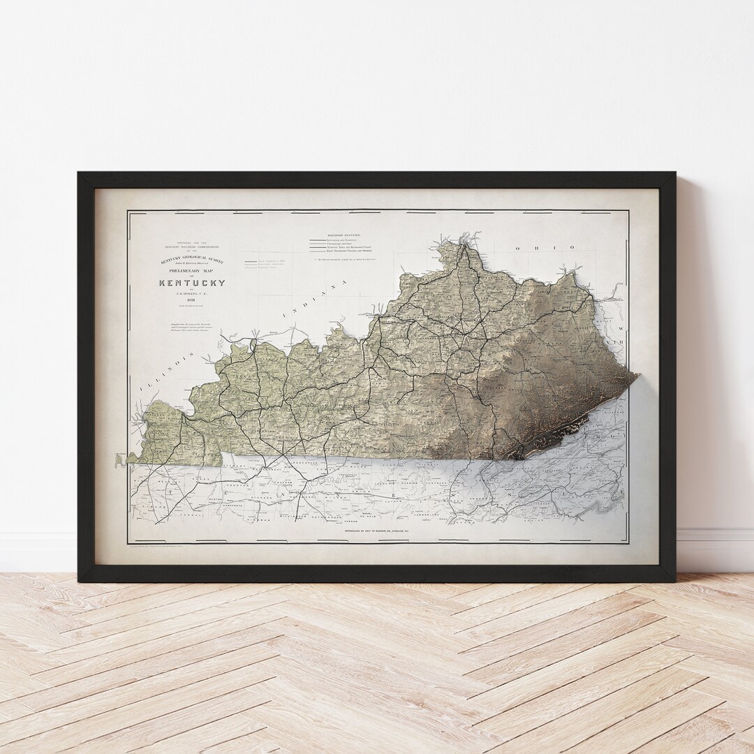 Kentucky Topographic Map Poster | 1891 Vintage Replica | Giclee Wall ...