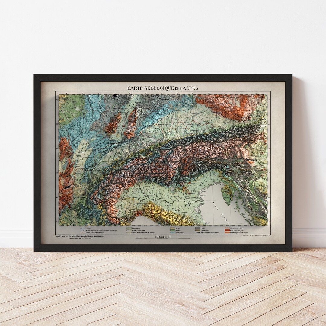 The Alps Topographic Map Poster | 1921 Vintage Replica | Giclee Wall ...