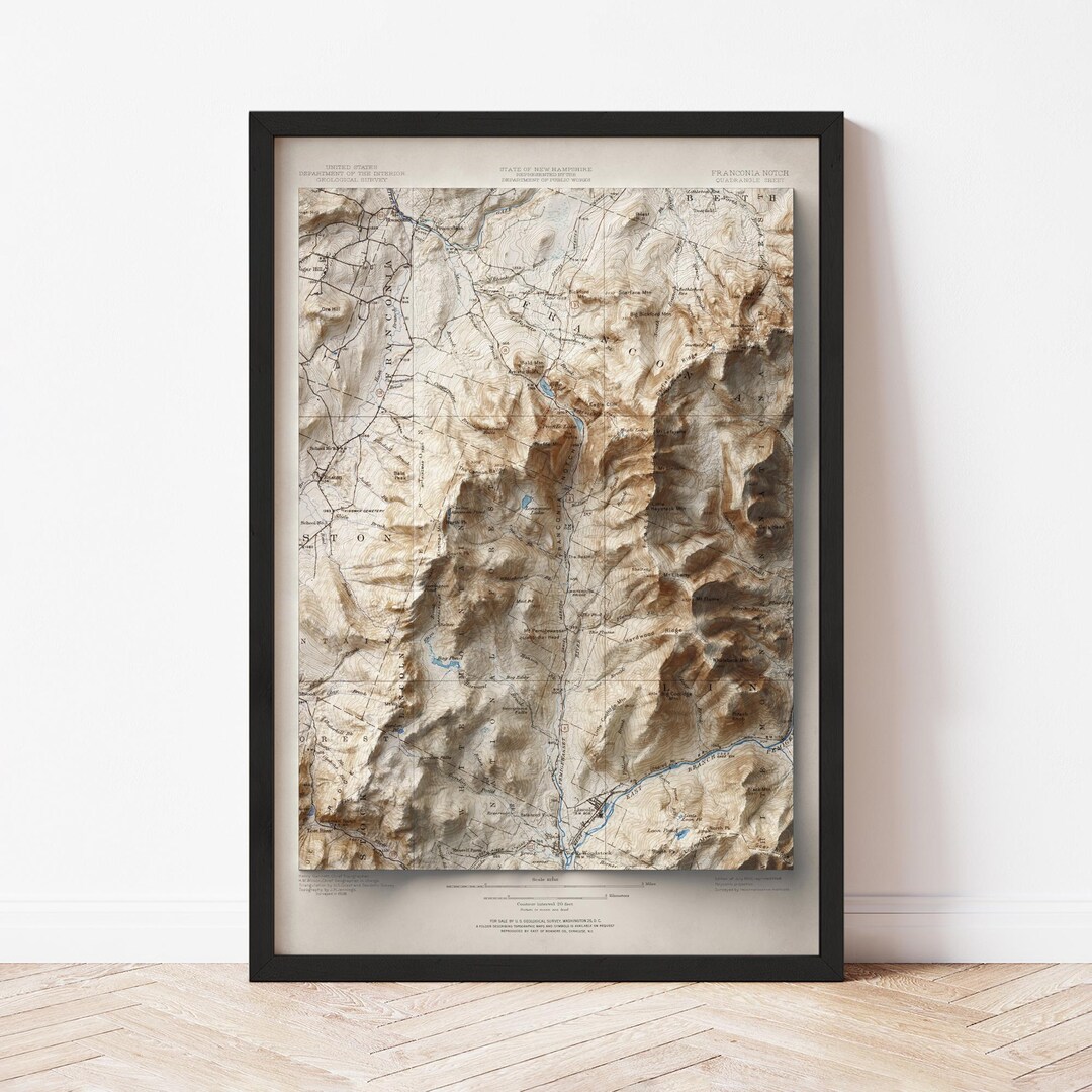 Franconia Notch Topographic Map Poster | 1932 Vintage Replica | Giclee ...