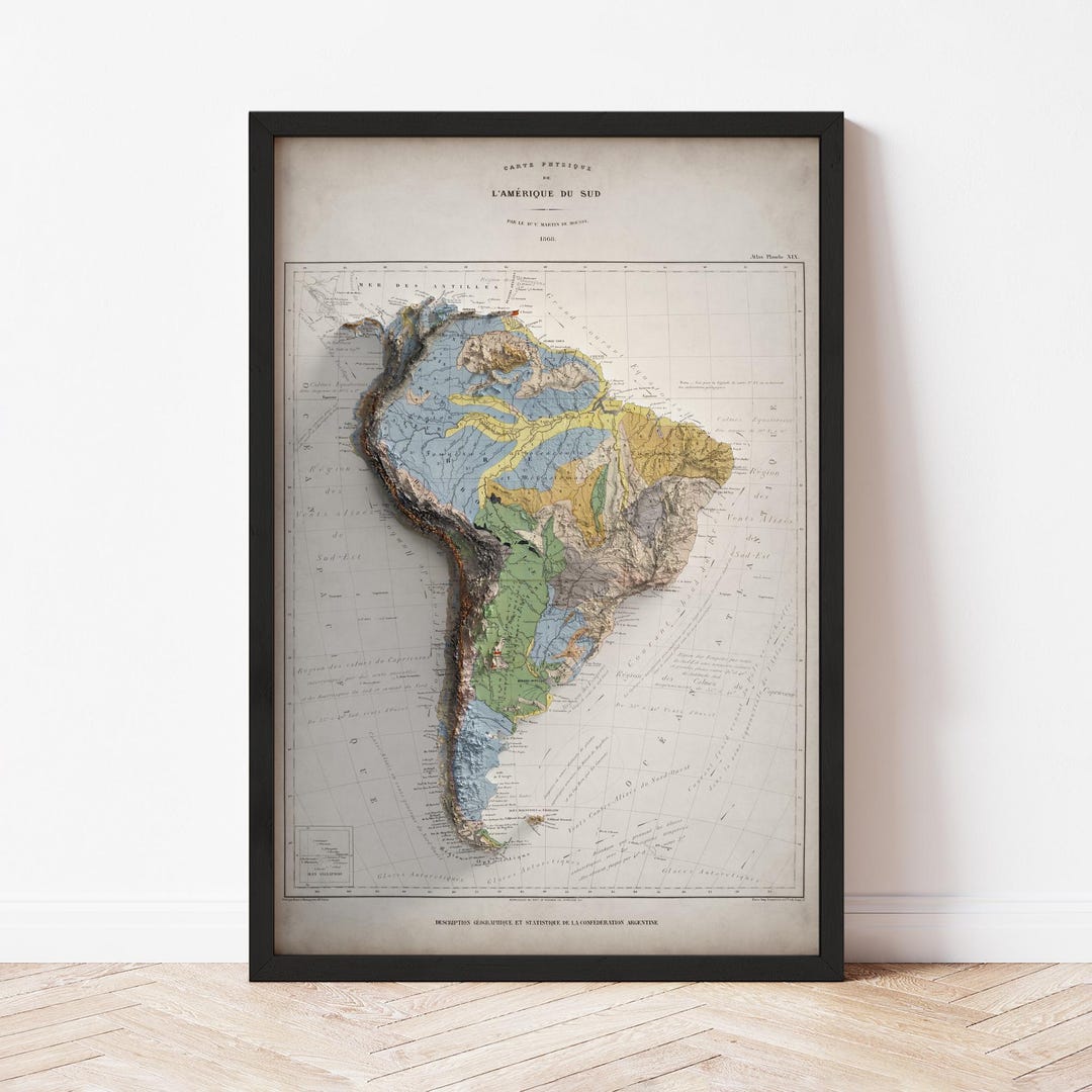 South America Topographic Map Poster | 1873 Vintage Replica | Giclee ...