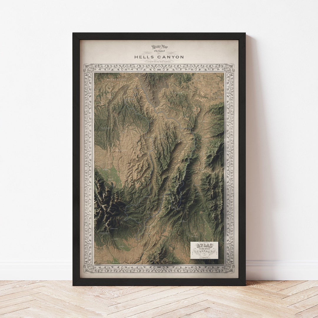 Hells Canyon Map Elevation Map Map Art Topographic Terrain Relief Geologic 3D Effect flat Print ...