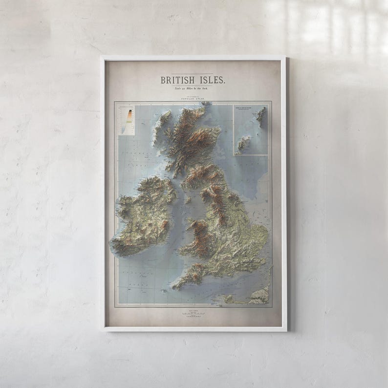 British Isles Poster | Topographic Shaded Relief Map (1922 Reproduction ...