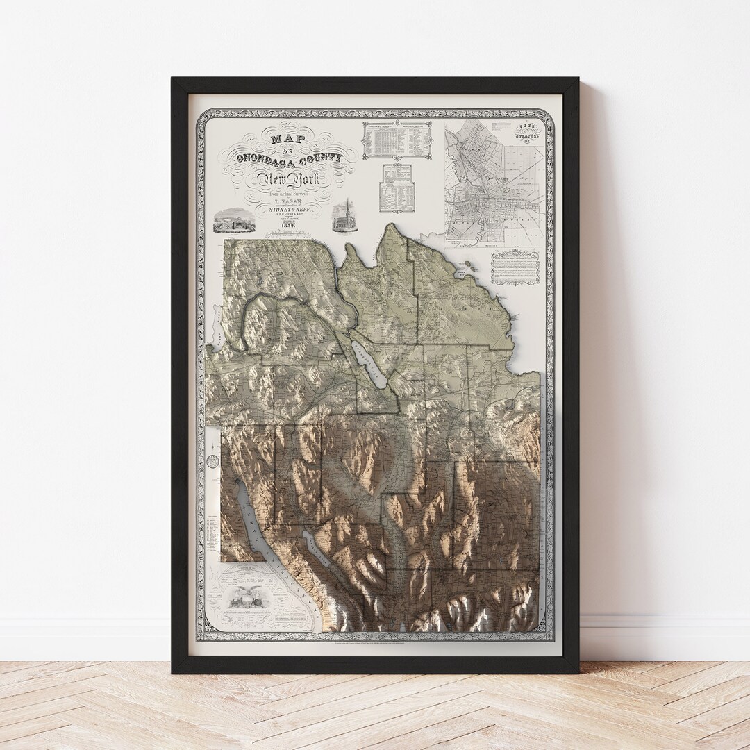 Onondaga County Map 1852 Elevation Map Map Art Topographic Terrain ...