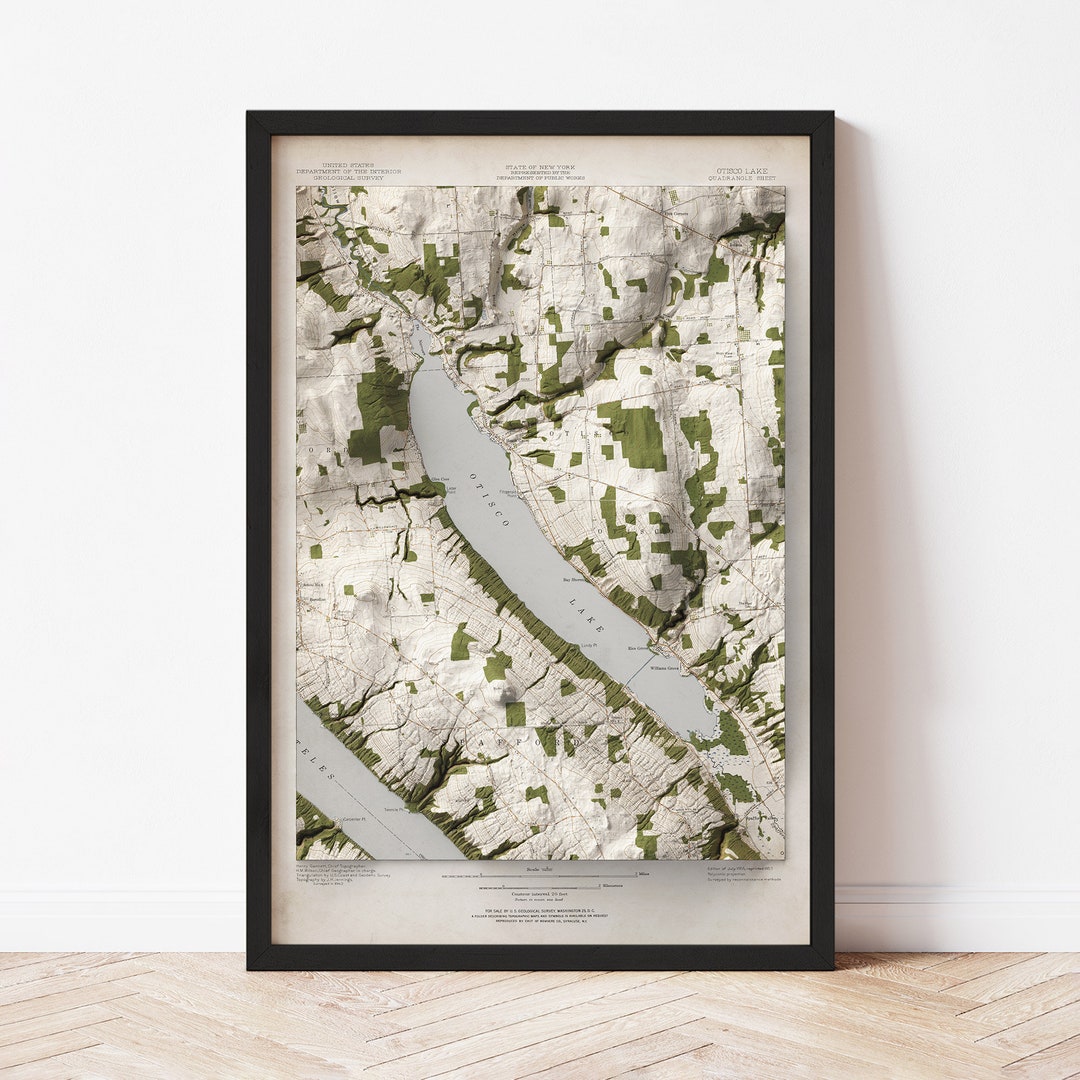 Otisco Lake Topographic Map Poster | 1955 Vintage Replica | Giclee Wall ...