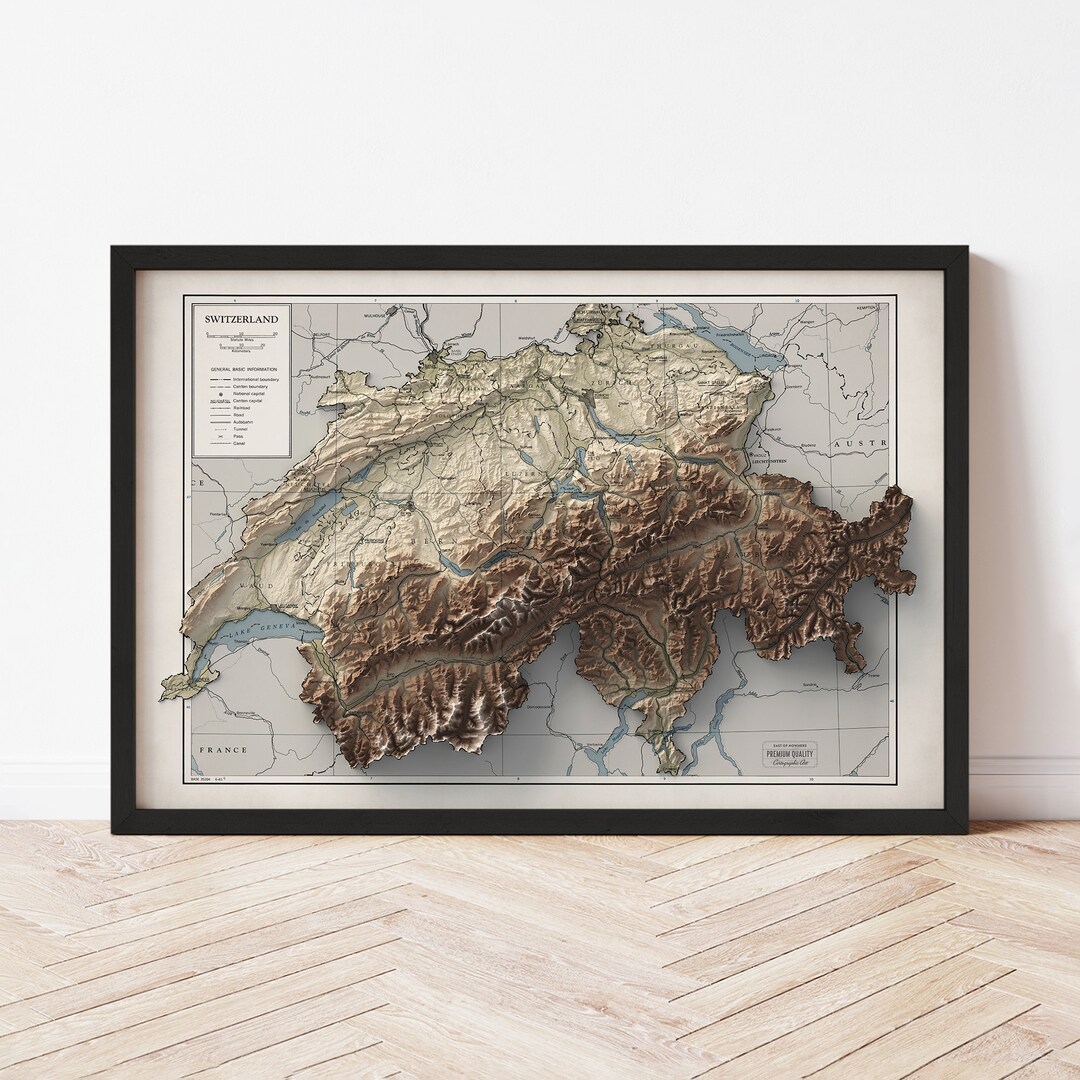 Switzerland Topographic Map Poster | 1961 Vintage Replica | Giclee Wall ...