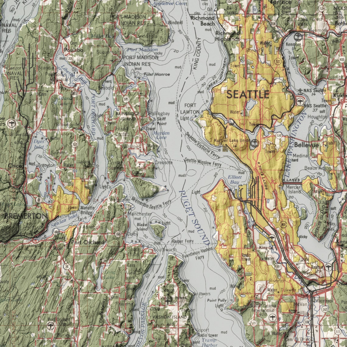 Seattle Map Vintage Style Terrain Map Shaded Topographic | Etsy