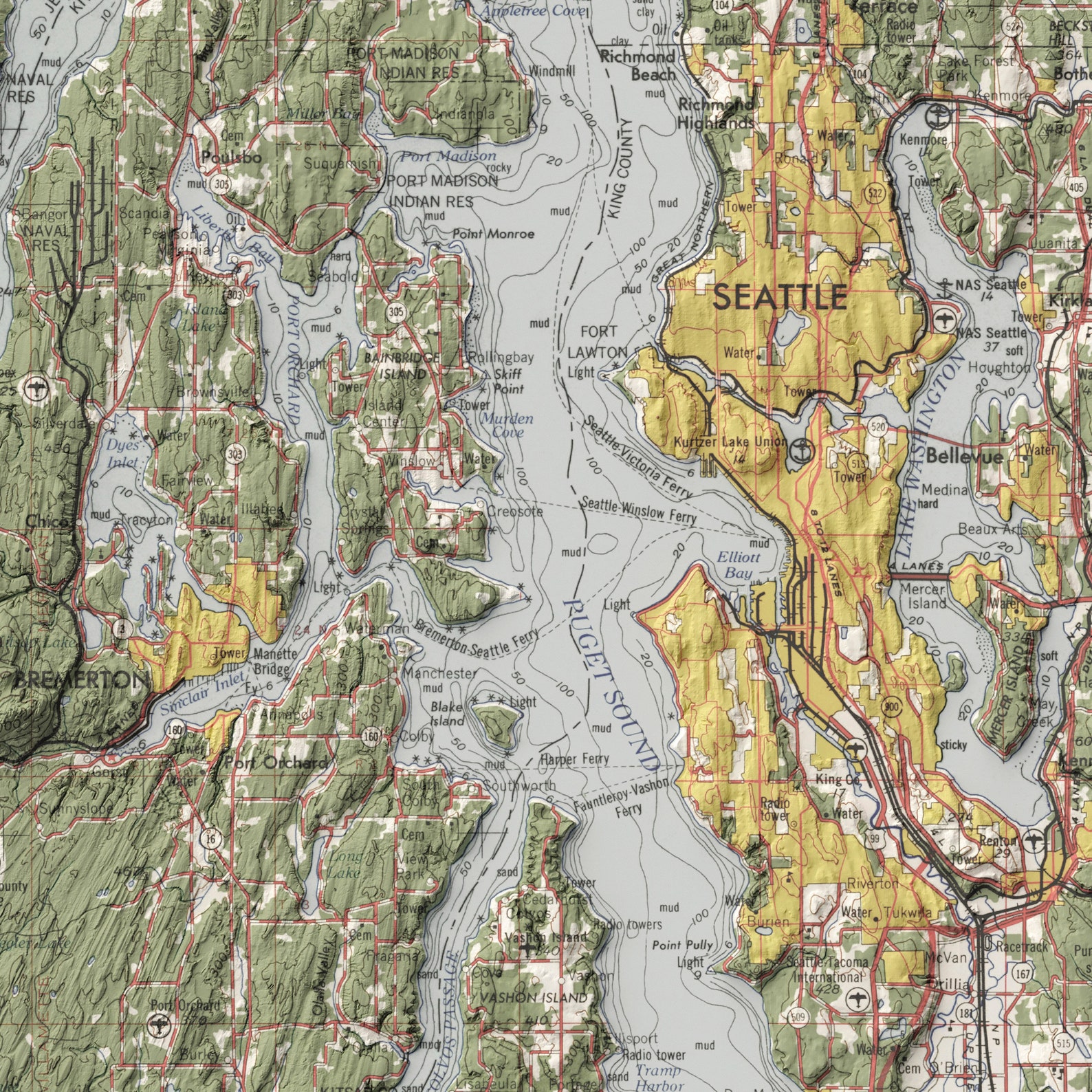 Seattle Map Vintage Style Terrain Map Shaded Topographic | Etsy