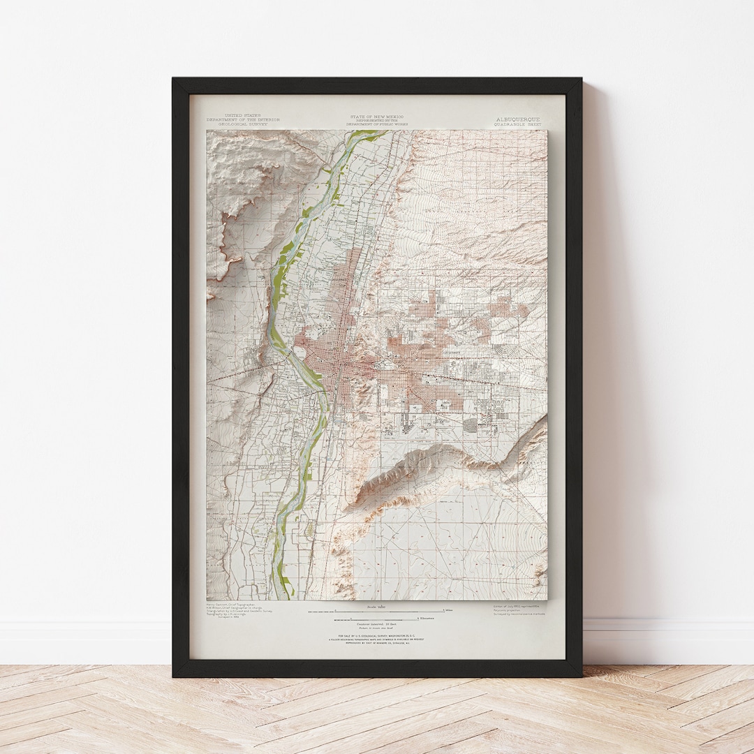 Albuquerque Map 1954 Elevation Map Map Art Topographic Terrain Relief ...