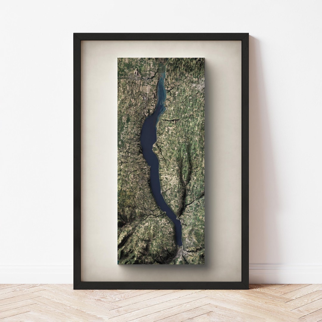 Cayuga Lake Topographic Map Poster | Styled Satellite Imagery | Giclee ...
