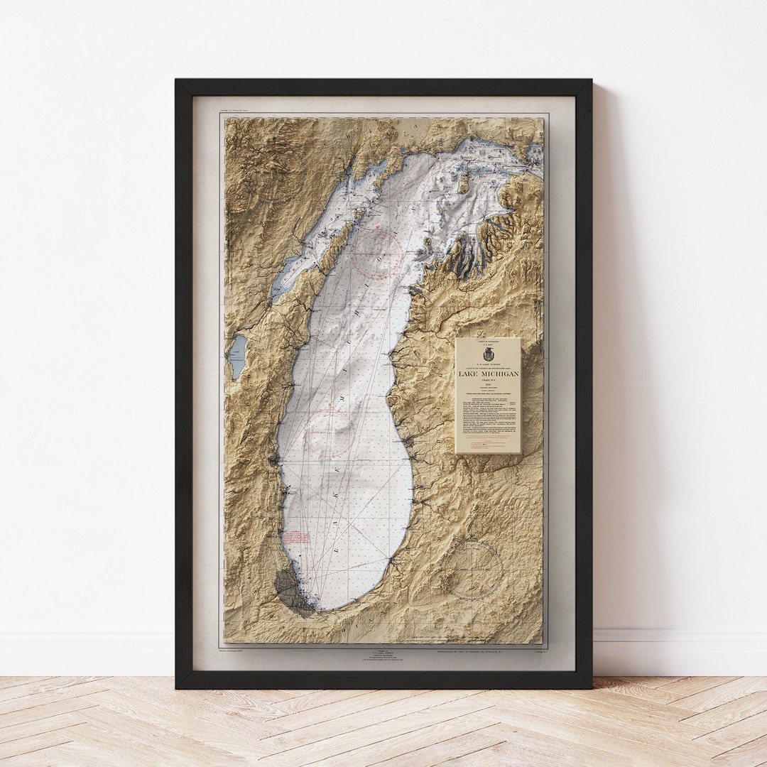 Lake Michigan Topographic Map Poster | 1950 Vintage Replica | Giclee ...