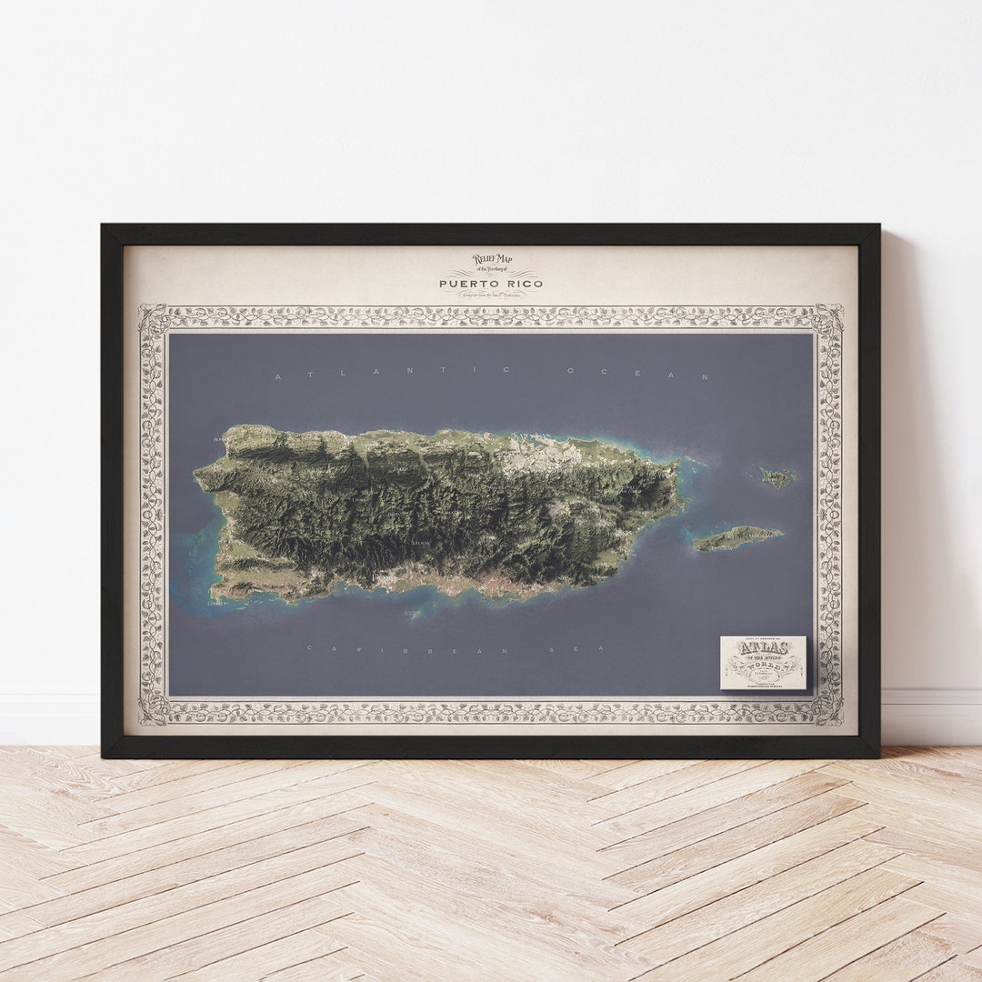 Arte de pared de mapas de Puerto Rico / Impresión de mapas topográficos ...